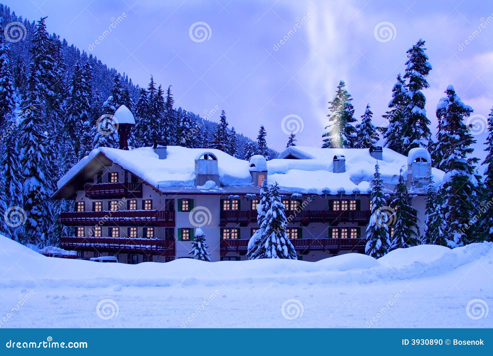 Hotel in snow stock photo. Image of evening, windows, warm - 3930890