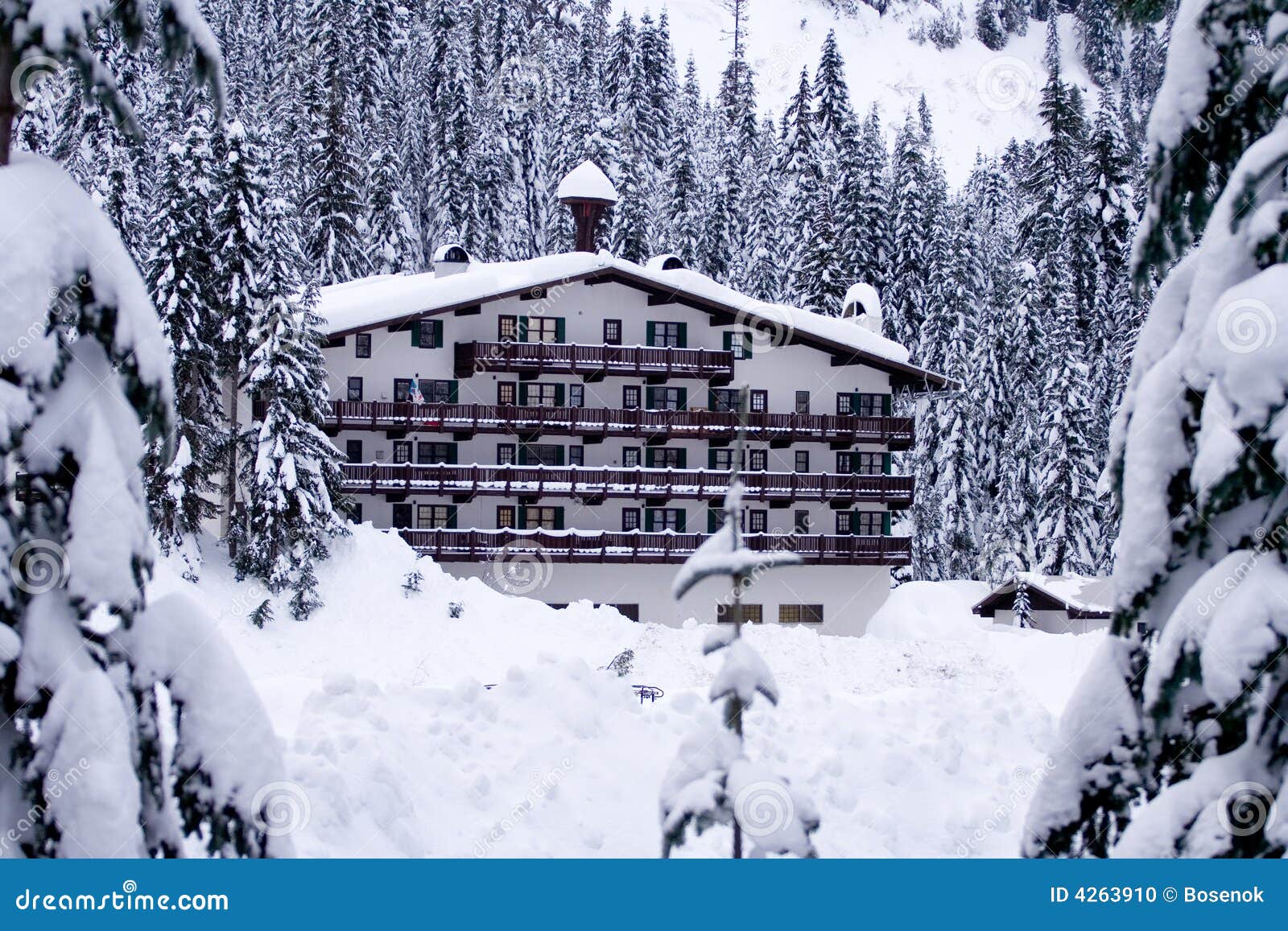 Hotel in snow horizontal stock photo. Image of weekend - 4263910