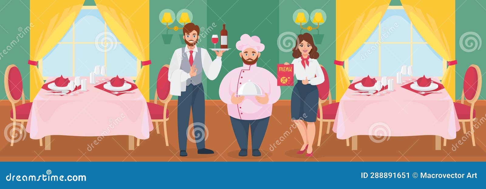 Hotel Staff Flat Composition with Horizontal View of Hotel Lobby with ...