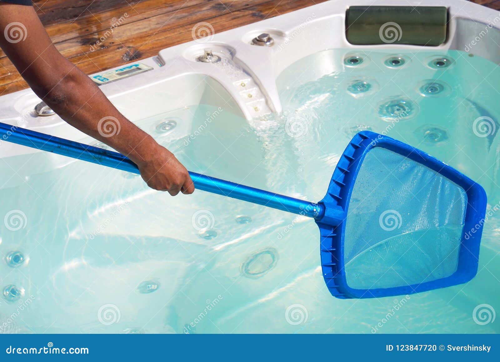 Hotel Staff Worker Cleaning the Pool. Maintenance. Stock Photo - Image ...
