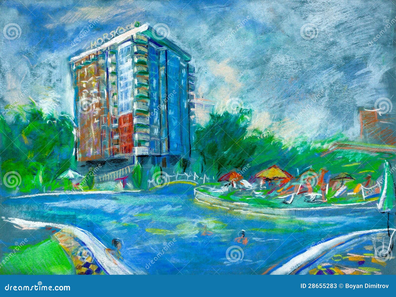 Hotel and swimming pool stock illustration. Illustration of relaxation ...