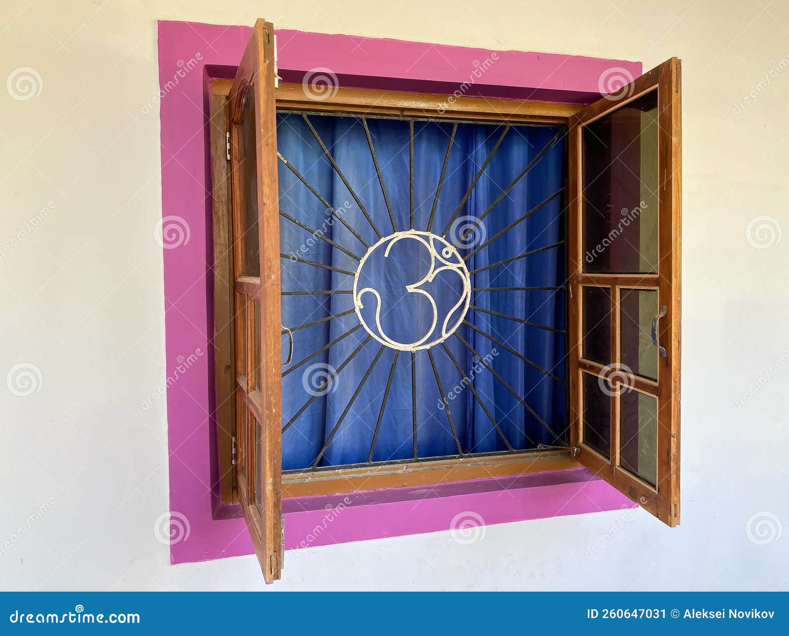 Hotel Window with Bars and Blue Curtains Stock Image - Image of vintage ...