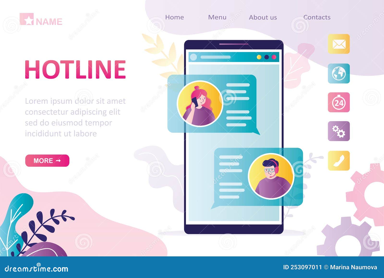 Hotline Landing Page Template. Client and Operator Talking on ...
