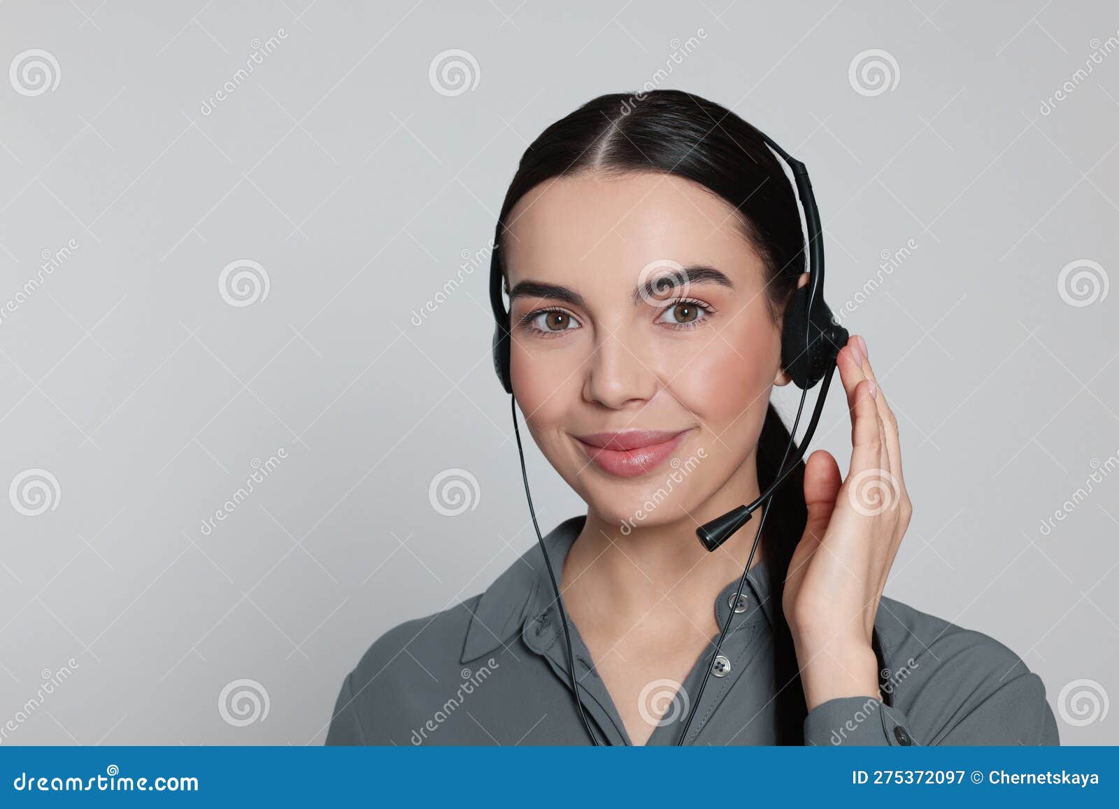 Hotline Operator with Modern Headset on Light Grey Background. Customer ...