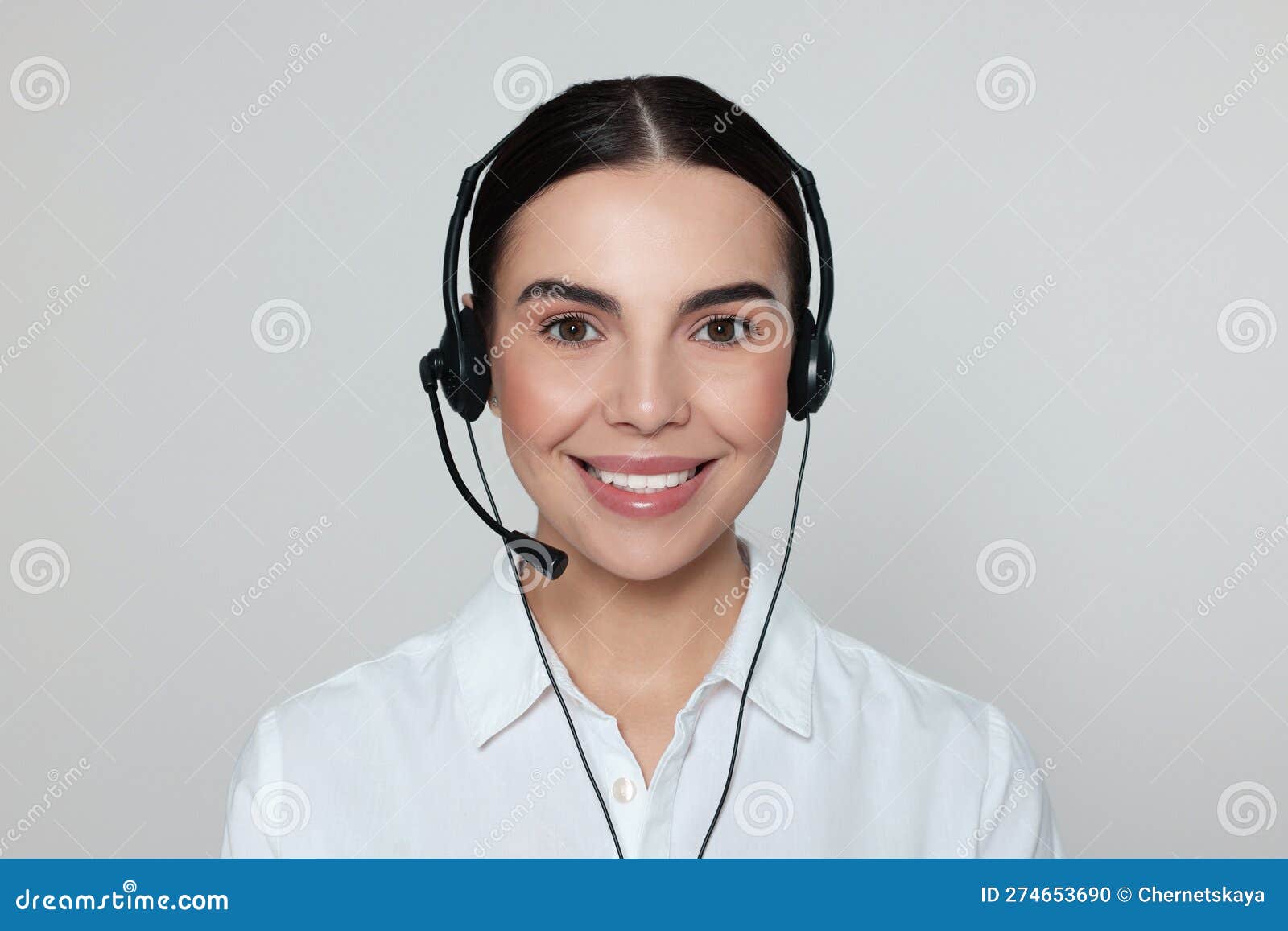Hotline Operator with Modern Headset on Light Grey Background. Customer ...