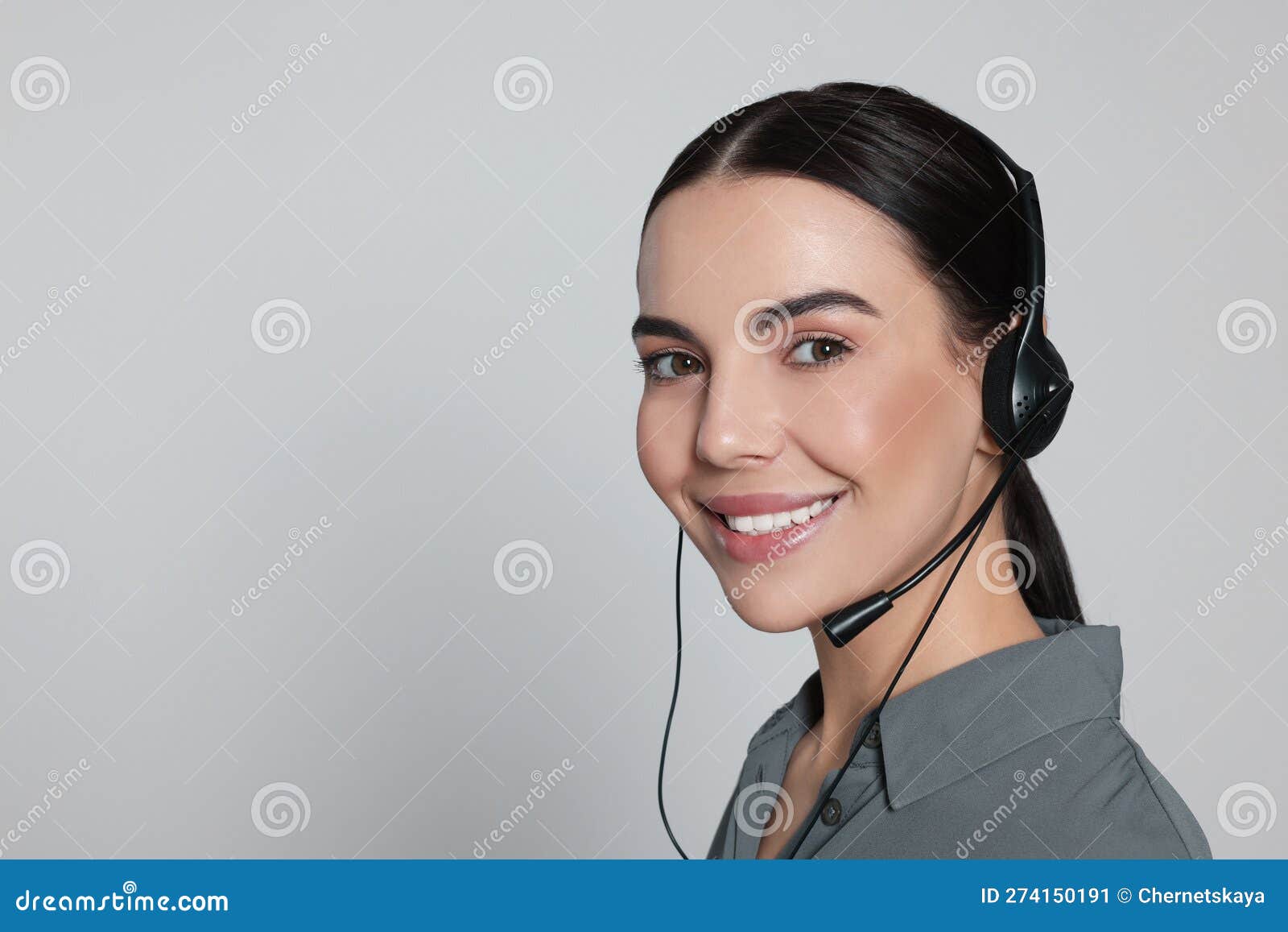 Hotline Operator with Modern Headset on Light Grey Background, Space ...