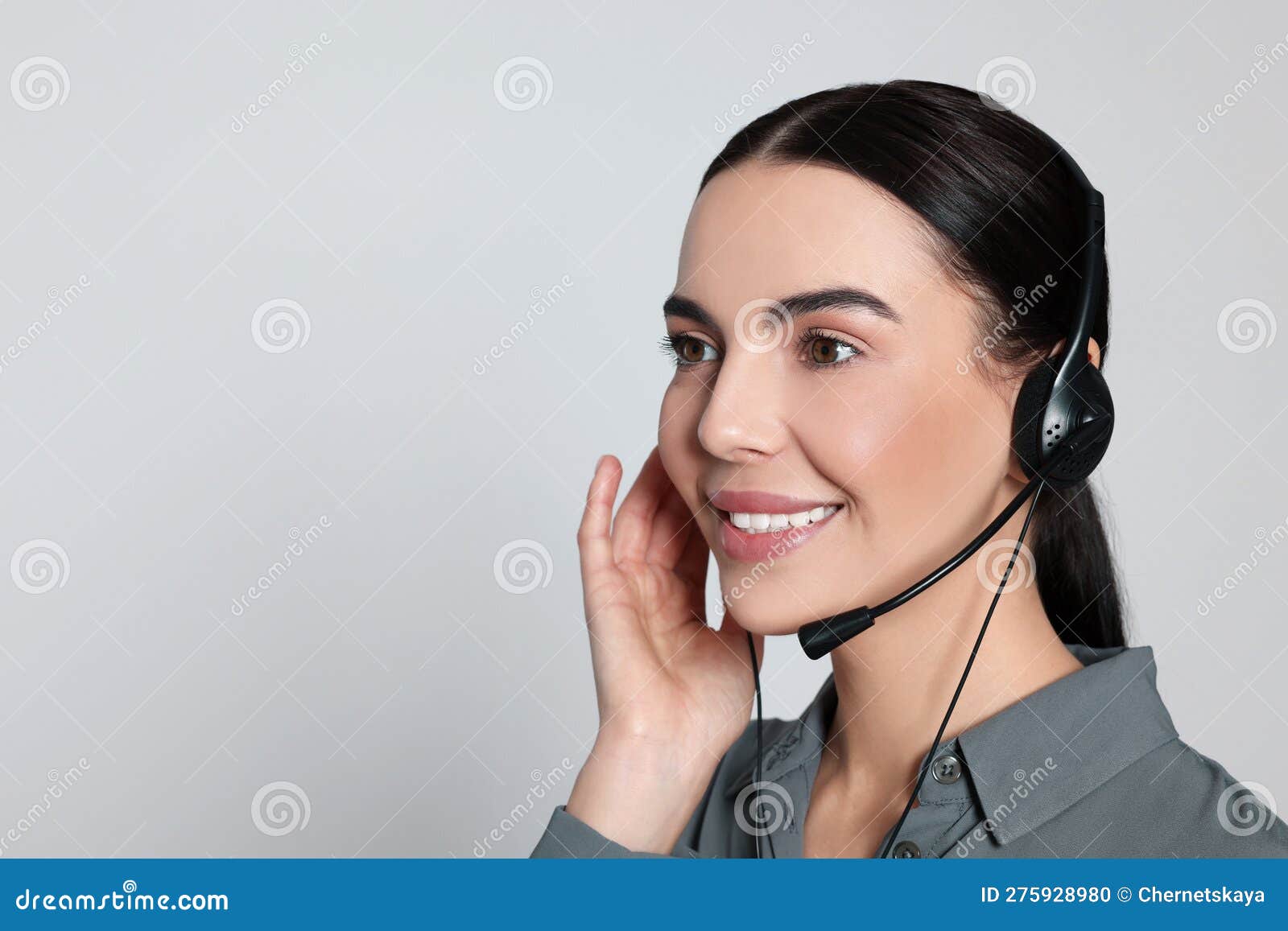 Hotline Operator with Modern Headset on Light Grey Background, Space ...