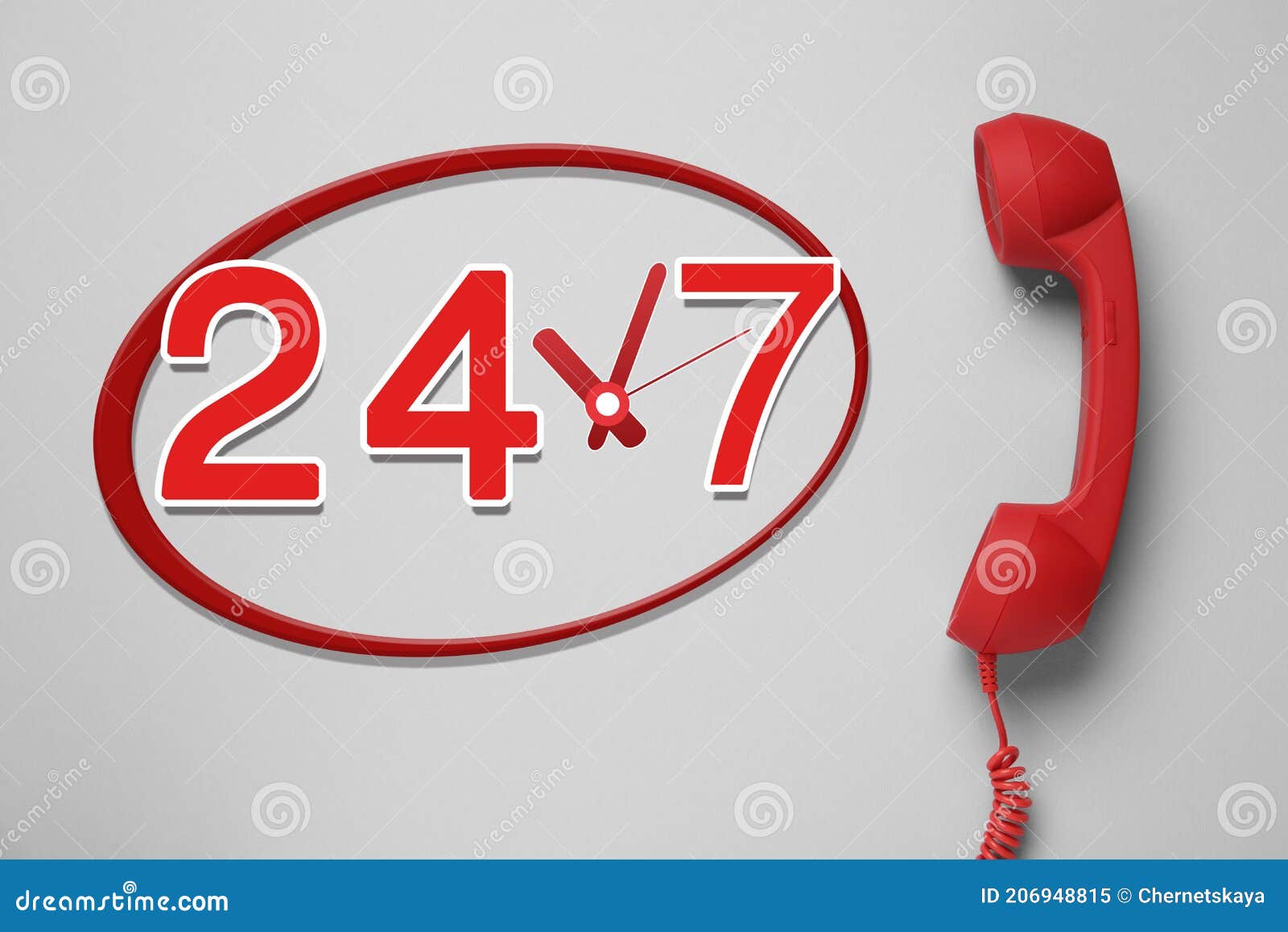 24/7 Hotline Service. Red Handset on Light Grey Background, Top View ...