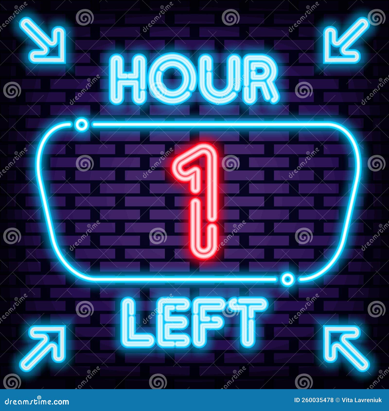 1 Hour Left Neon Signboards. on Brick Wall Background. Light Art Stock ...