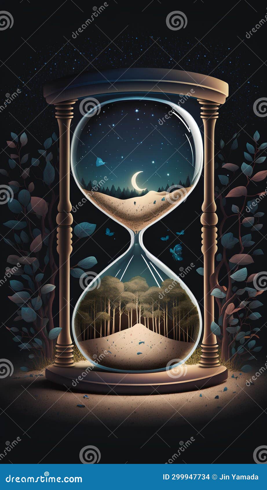 Hourglass on the Background of the Night Forest. Vector Illustration ...