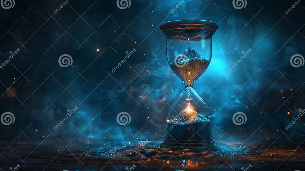 Hourglass With Blue Smoke And Glowing Orange Sand Symbolic Of Time Passing Mystical And
