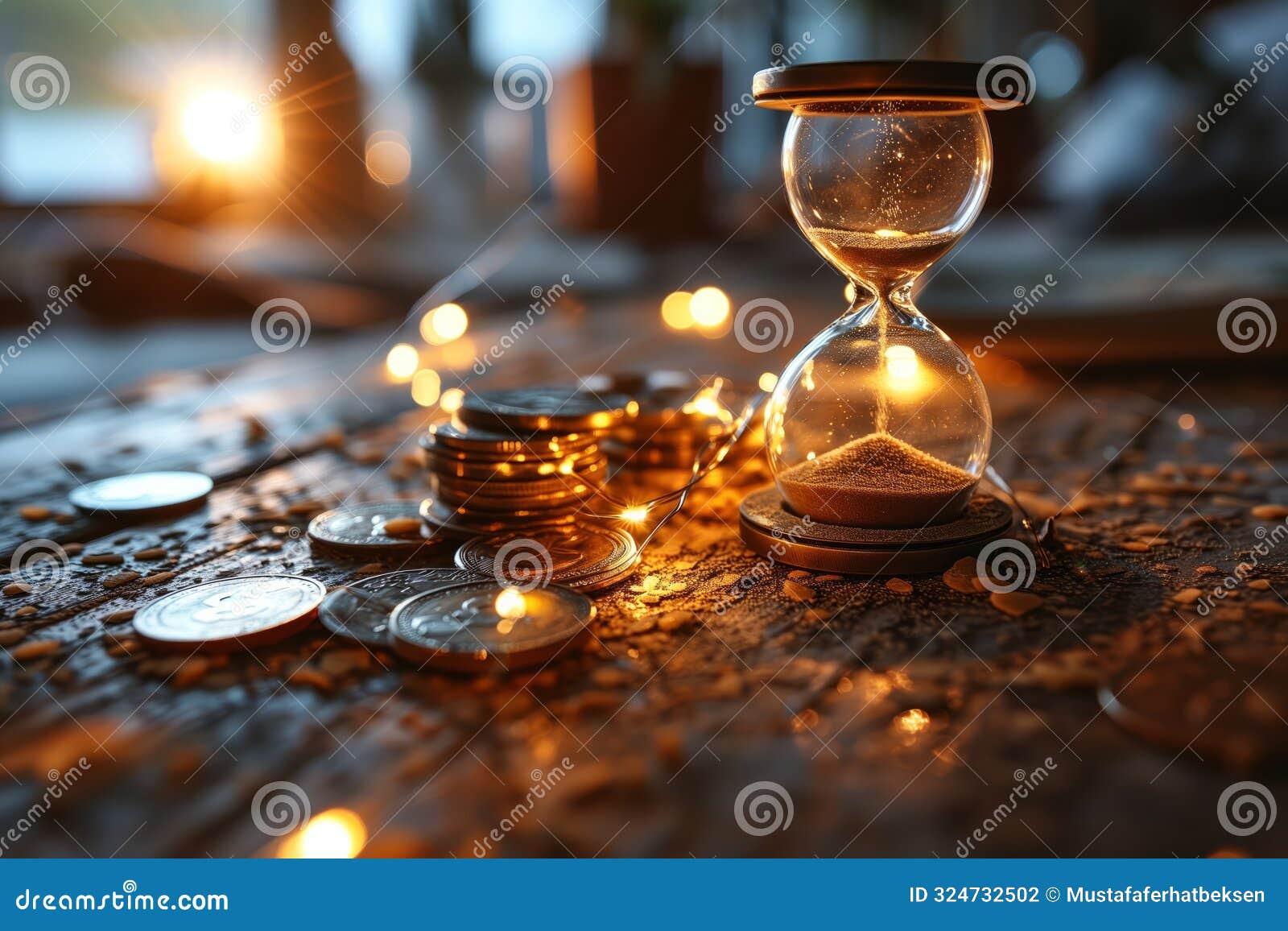 Hourglass and Coins on Table - Time and Wealth Symbolism Stock Photo ...