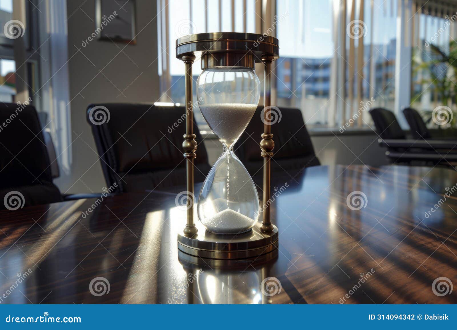 Hourglass Counting Down Time on Table in Office Stock Photo - Image of ...