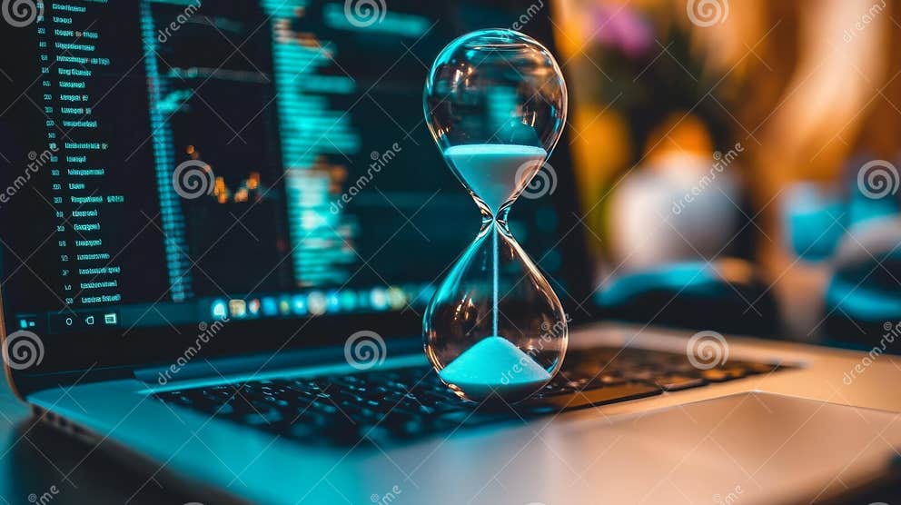 Hourglass on Laptop with Coding in the Background Stock Photo - Image ...