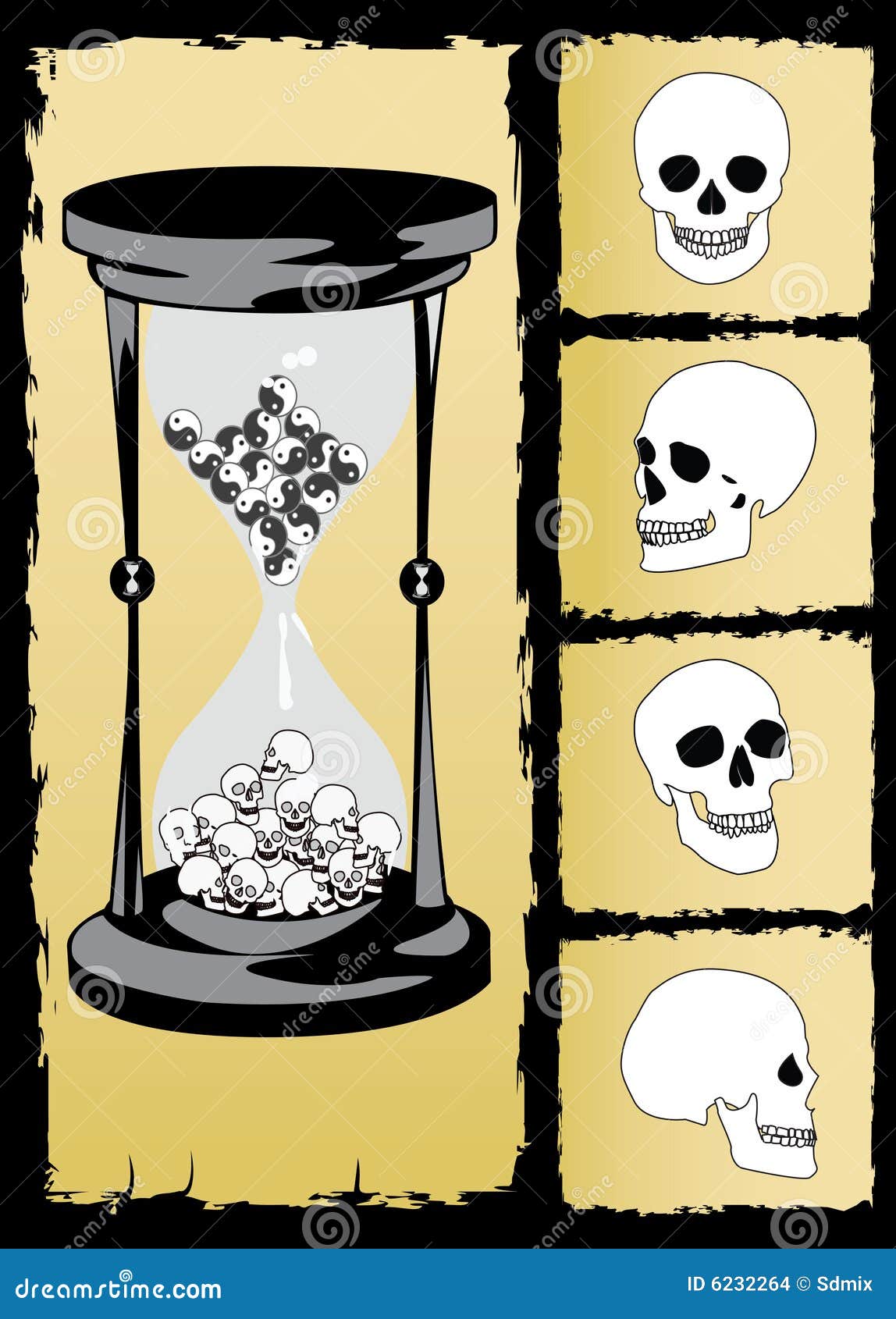 Skull And Hourglass Of The Bones Skeleton On Black Background Cartoon ...