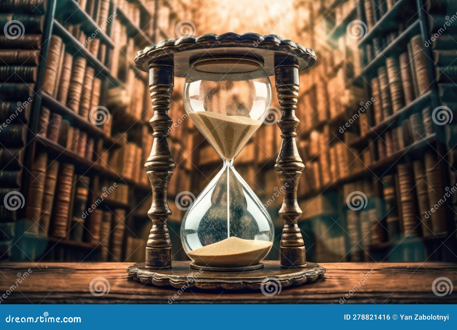 Hourglass Surrounded by Book Pages on a Librarythemed Background ...