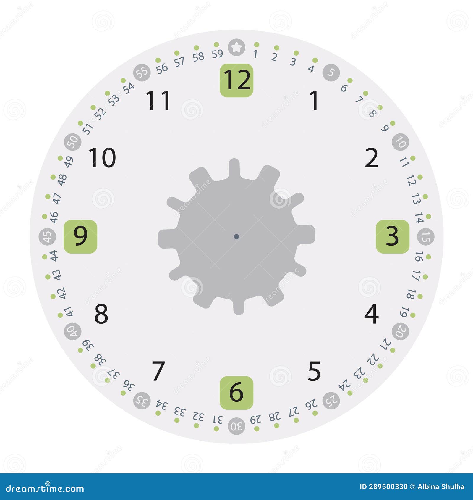 12 Hours Clock Face with Modern Design in Light Grey and Green Colours ...