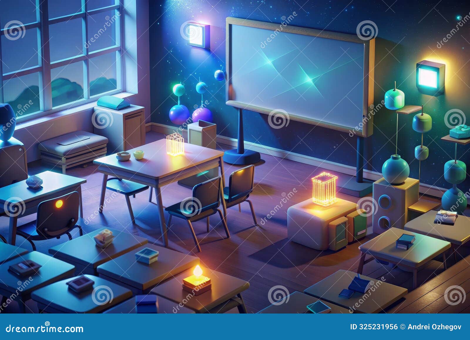 After-hours Learning in a Modern Classroom with Glowing Lights and ...