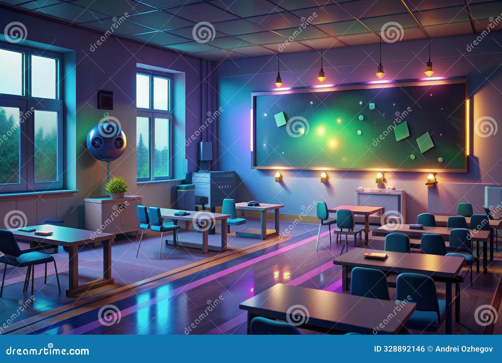 After-hours Learning in a Modern Classroom with Glowing Lights and ...