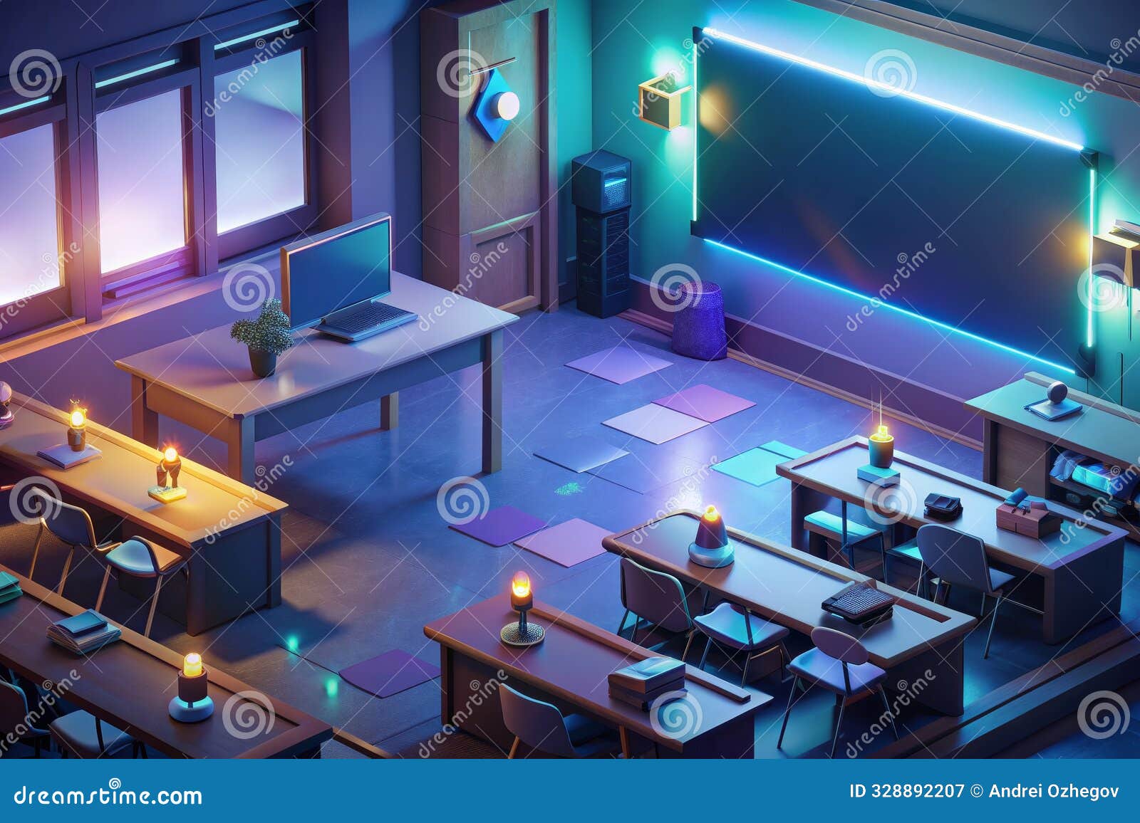 After-hours Learning in a Modern Classroom with Glowing Lights and ...