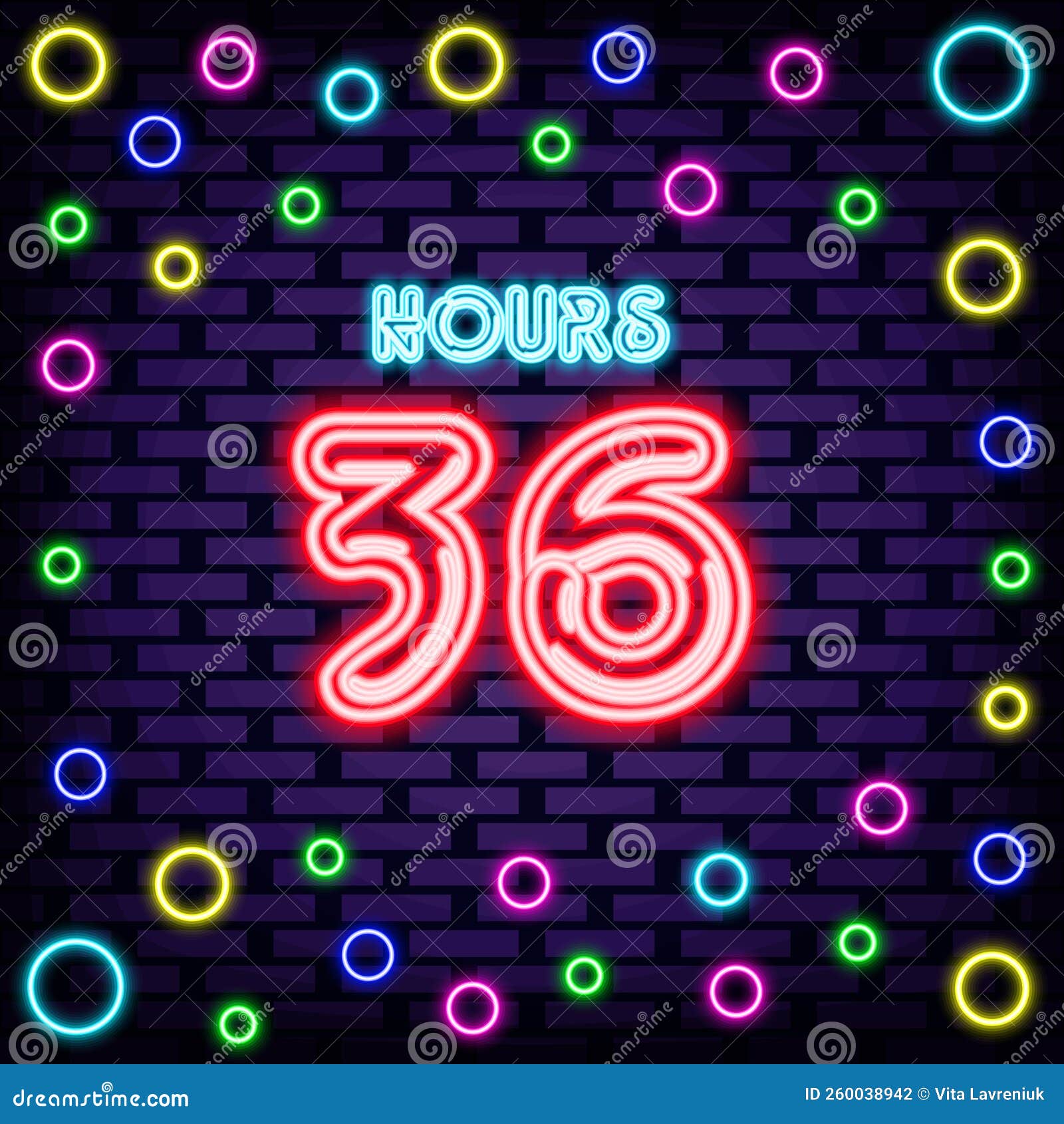 36 Hours Neon Signboards. on Brick Wall Background. Light Banner Stock ...
