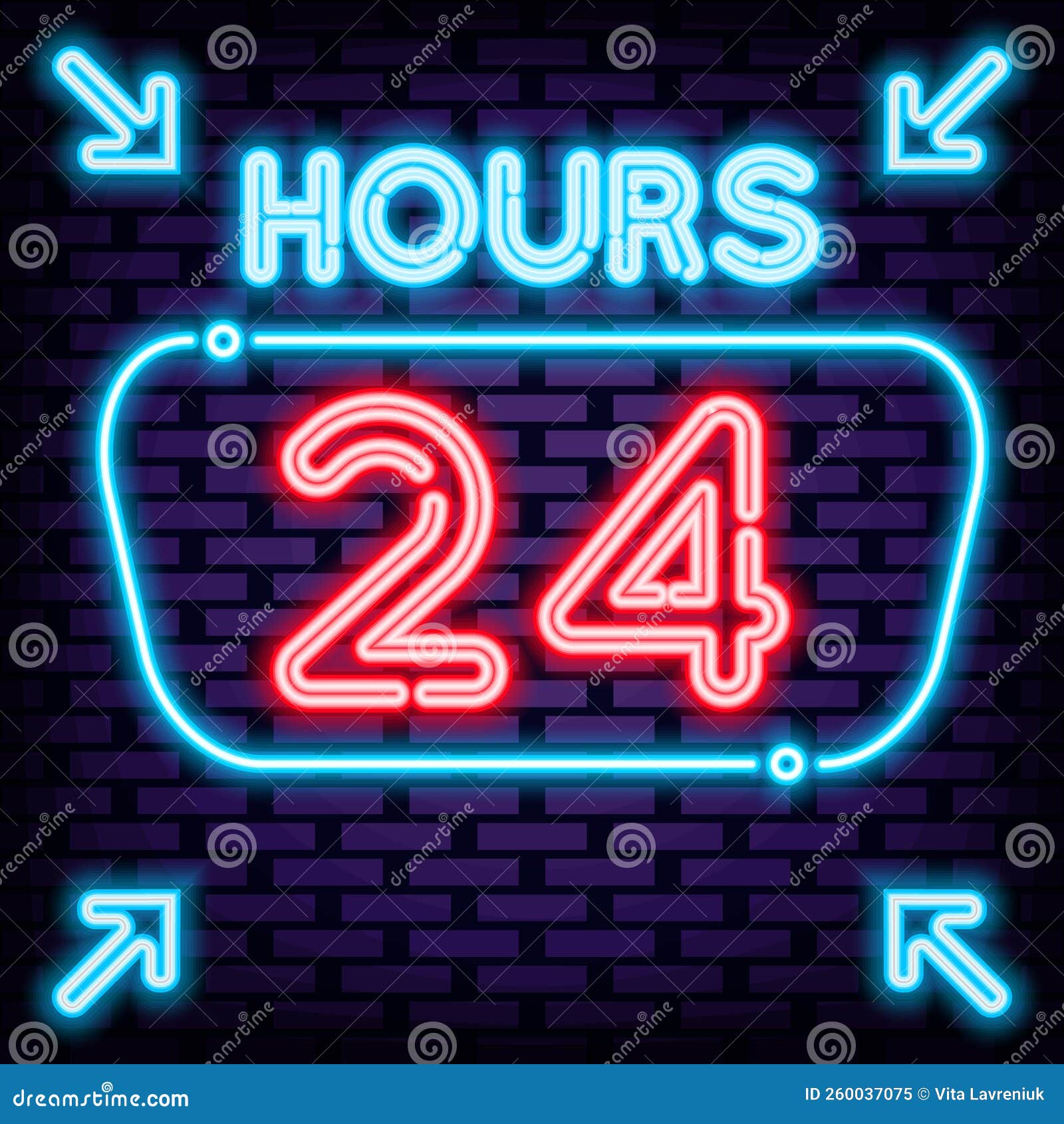 24 Hours Neon Signboards. on Brick Wall Background. Light Banner Stock ...