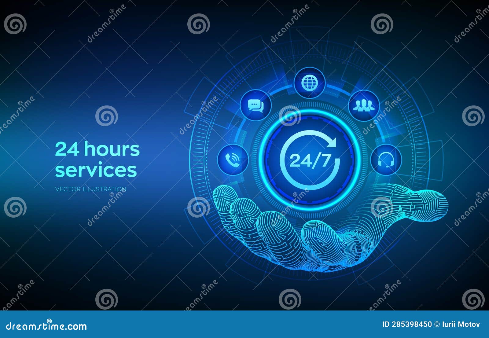 24 Hours Servises Icon in Robotic Hand. 24-7 Support. Technical Support ...