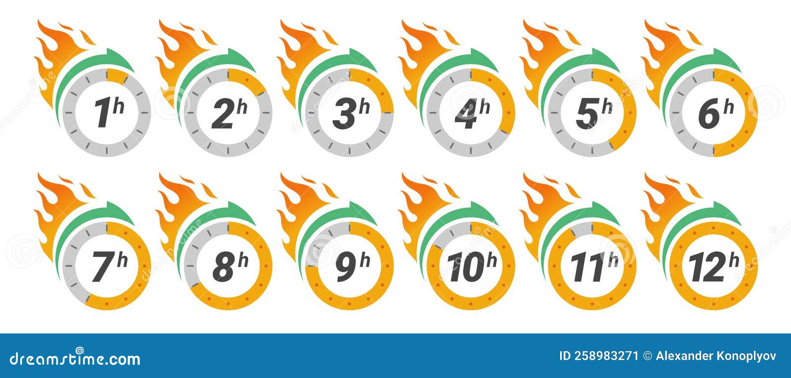 Hours Timer Deadline Countdown Fire Flame Icon Set Vector Flat Speed ...