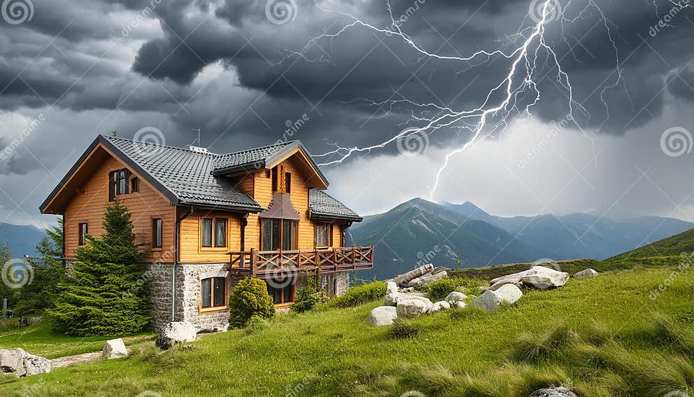 House Against the Backdrop of a Thunderstorm Stock Illustration ...