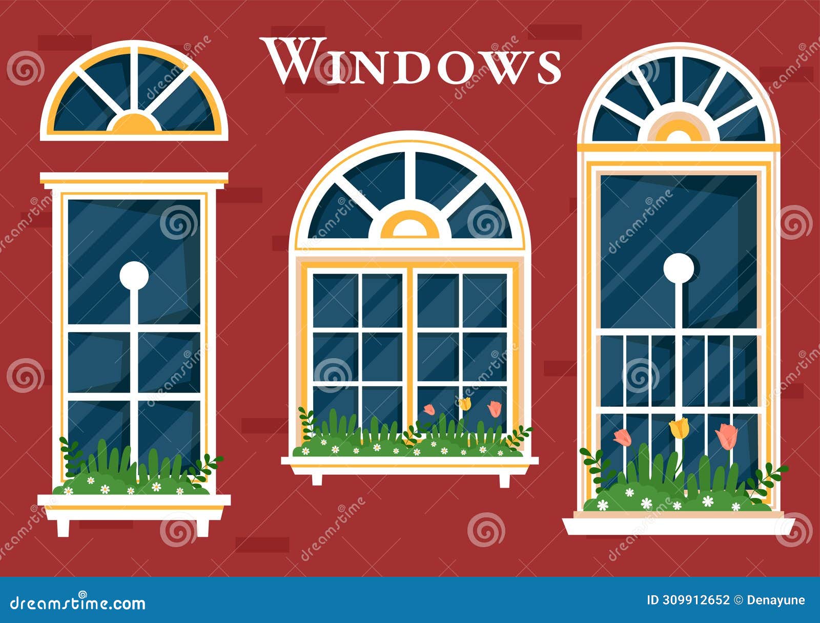 House Architecture Vector Illustration with Doors and Windows Various ...