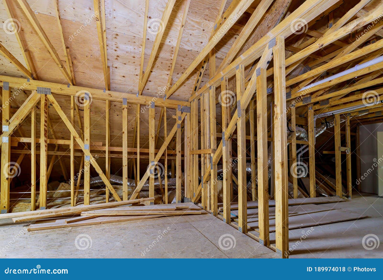 House Attic Under Construction Interior Inside a Frame Walls Beam Built ...