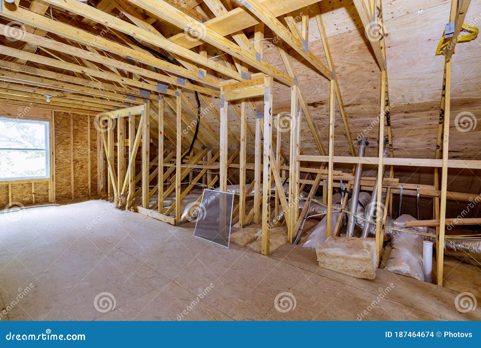 House Attic Under Construction Interior Inside a Frame Walls Beam Built ...