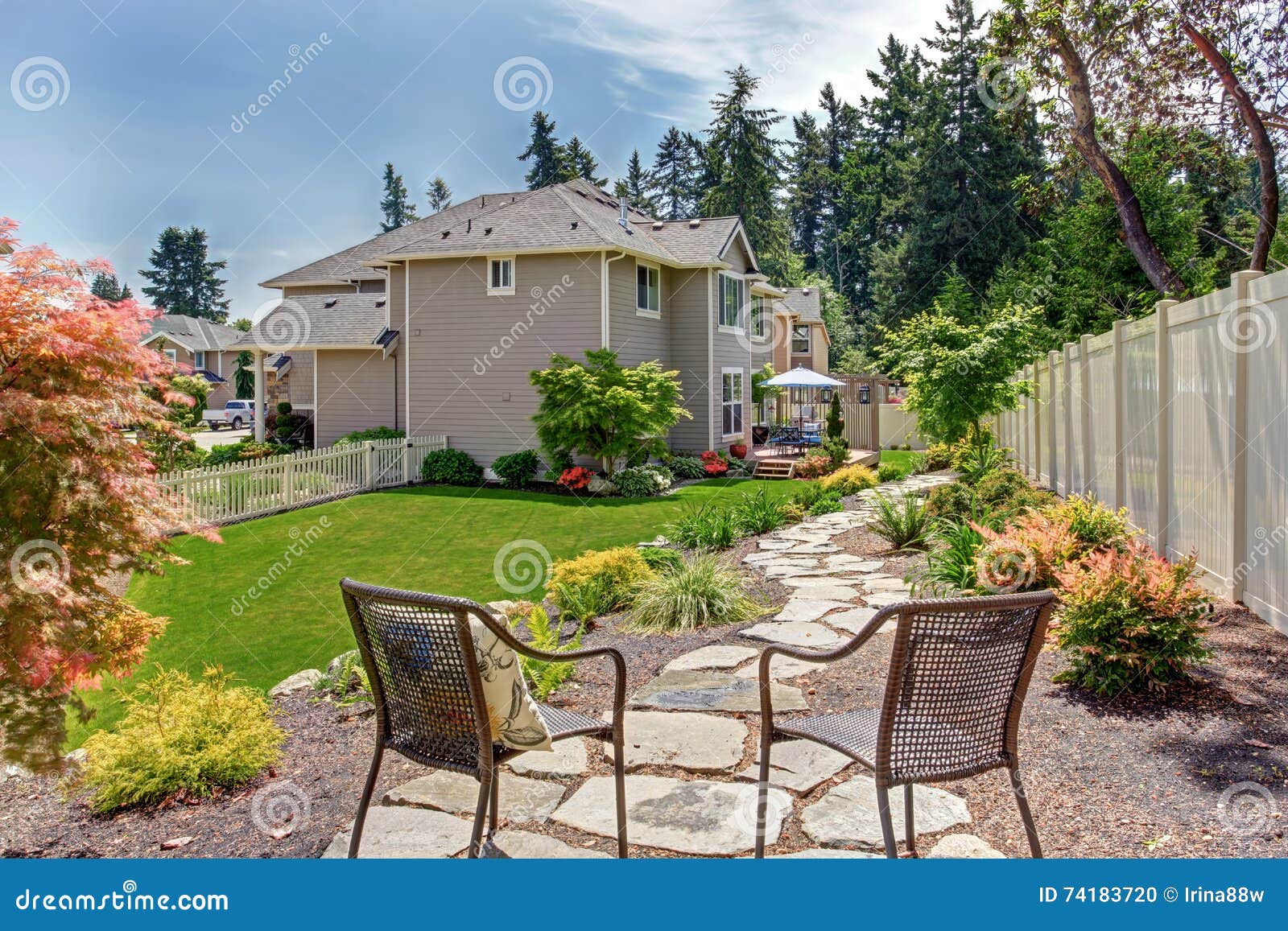 House with Backyard Patio and Landscape Design Stock Photo - Image of ...
