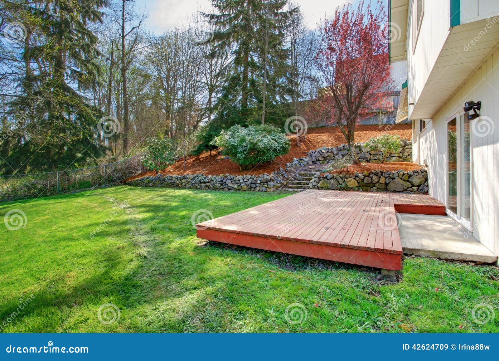 House Backyard View. Wooden Floor Walkout Deck Stock Image - Image of ...
