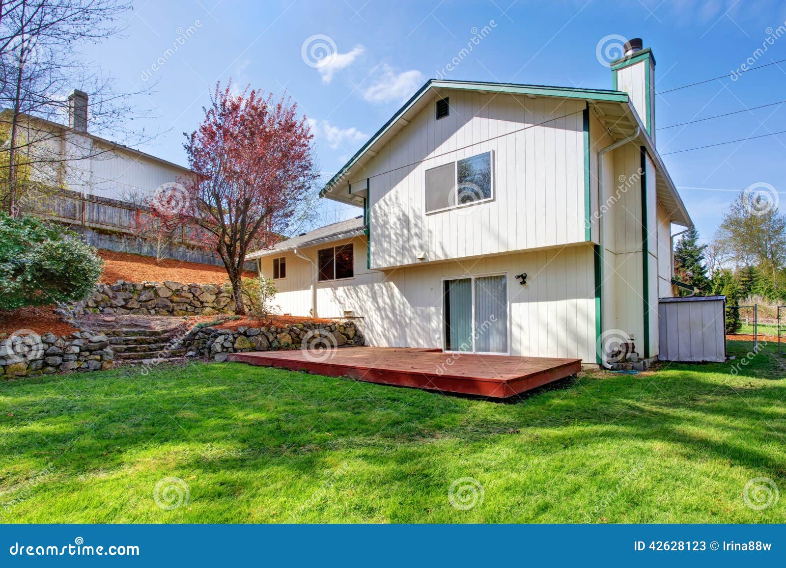 House Backyard View. Wooden Floor Walkout Deck Stock Image - Image of ...