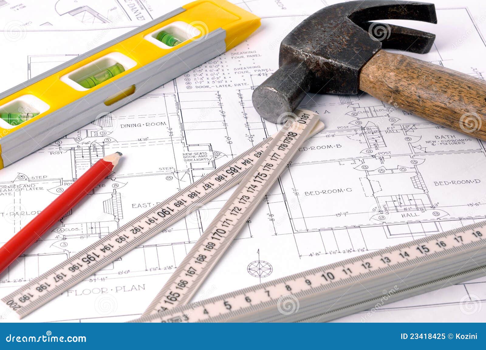 House blueprints and tools stock image. Image of metal - 23418425