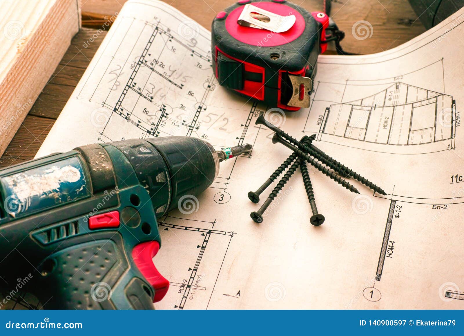 House Blueprints with Work Tools Stock Image - Image of drill ...