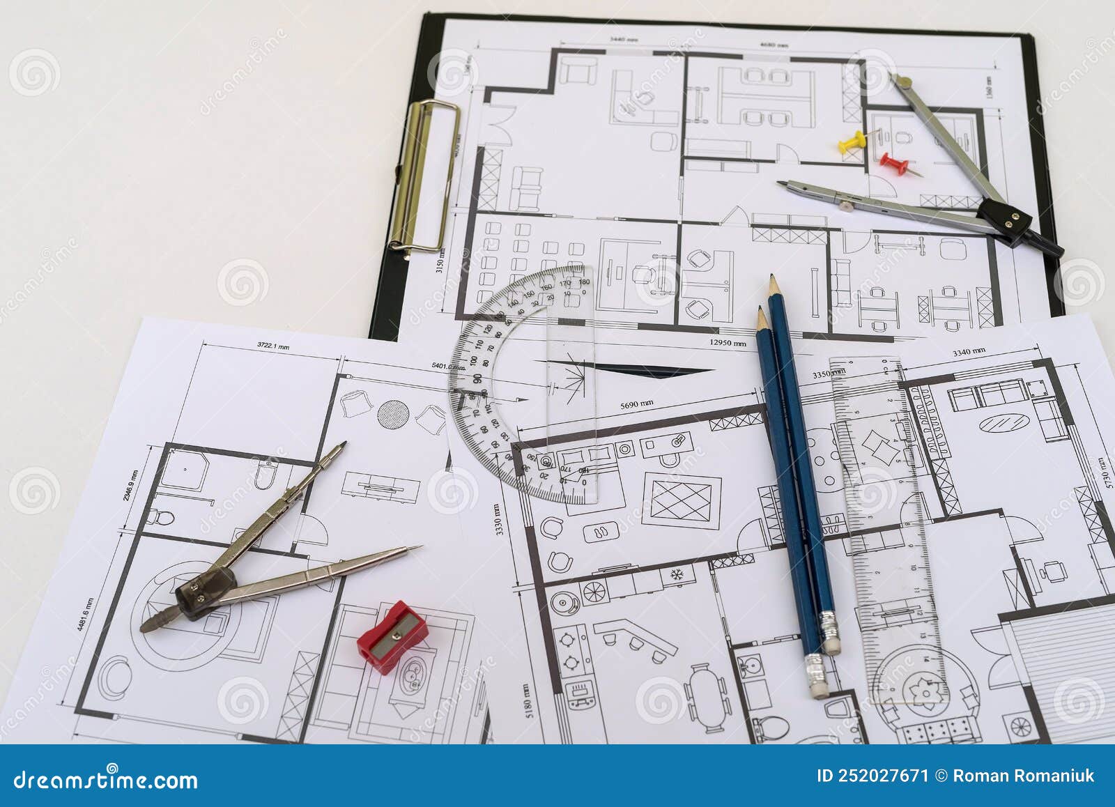 House Blueprints with Work Tools Drawing Instruments on the Worktable ...