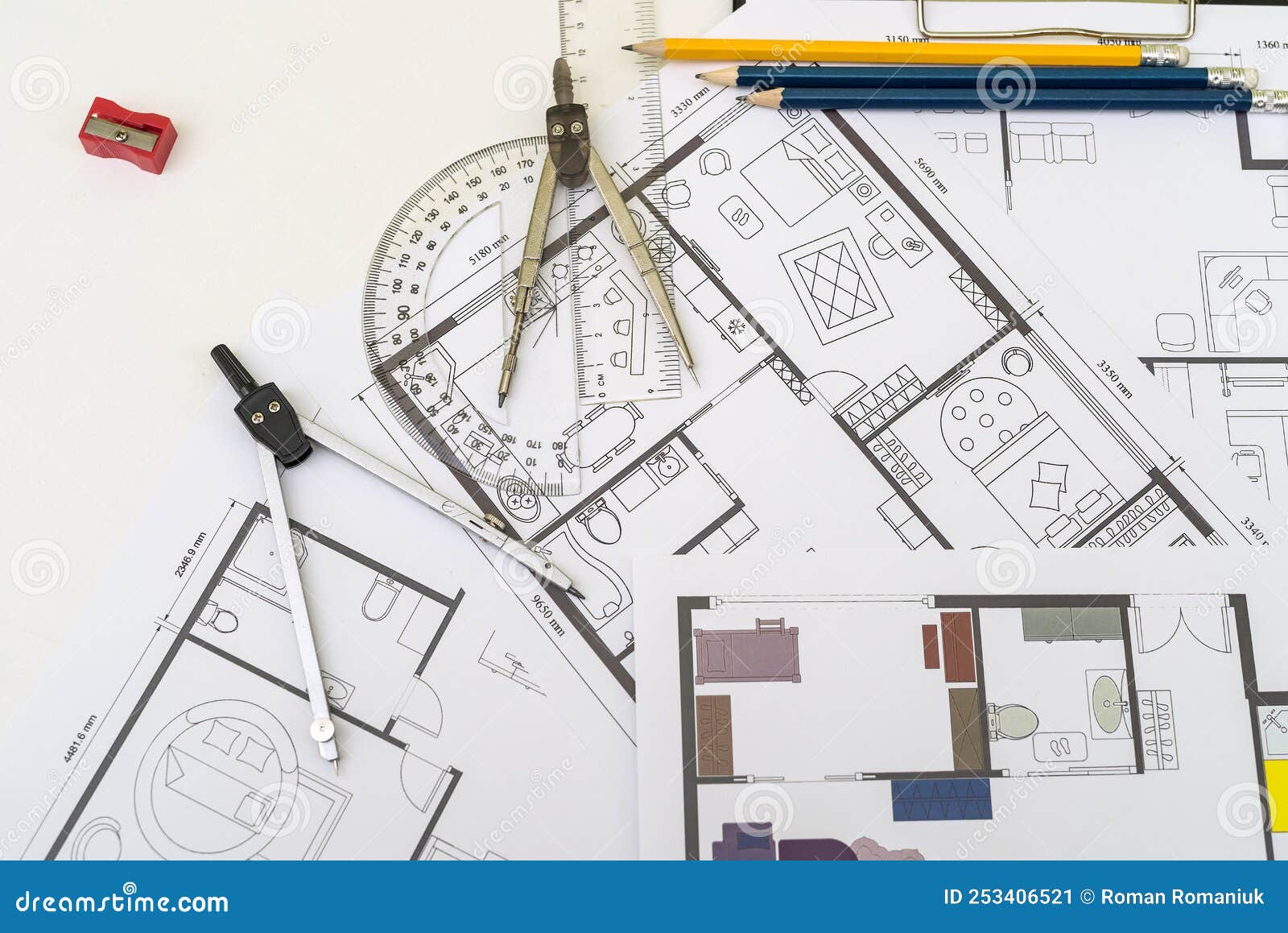 Set Of Tools For Drawing On An Graph Paper. Ruler, Compass, Pencil On ...