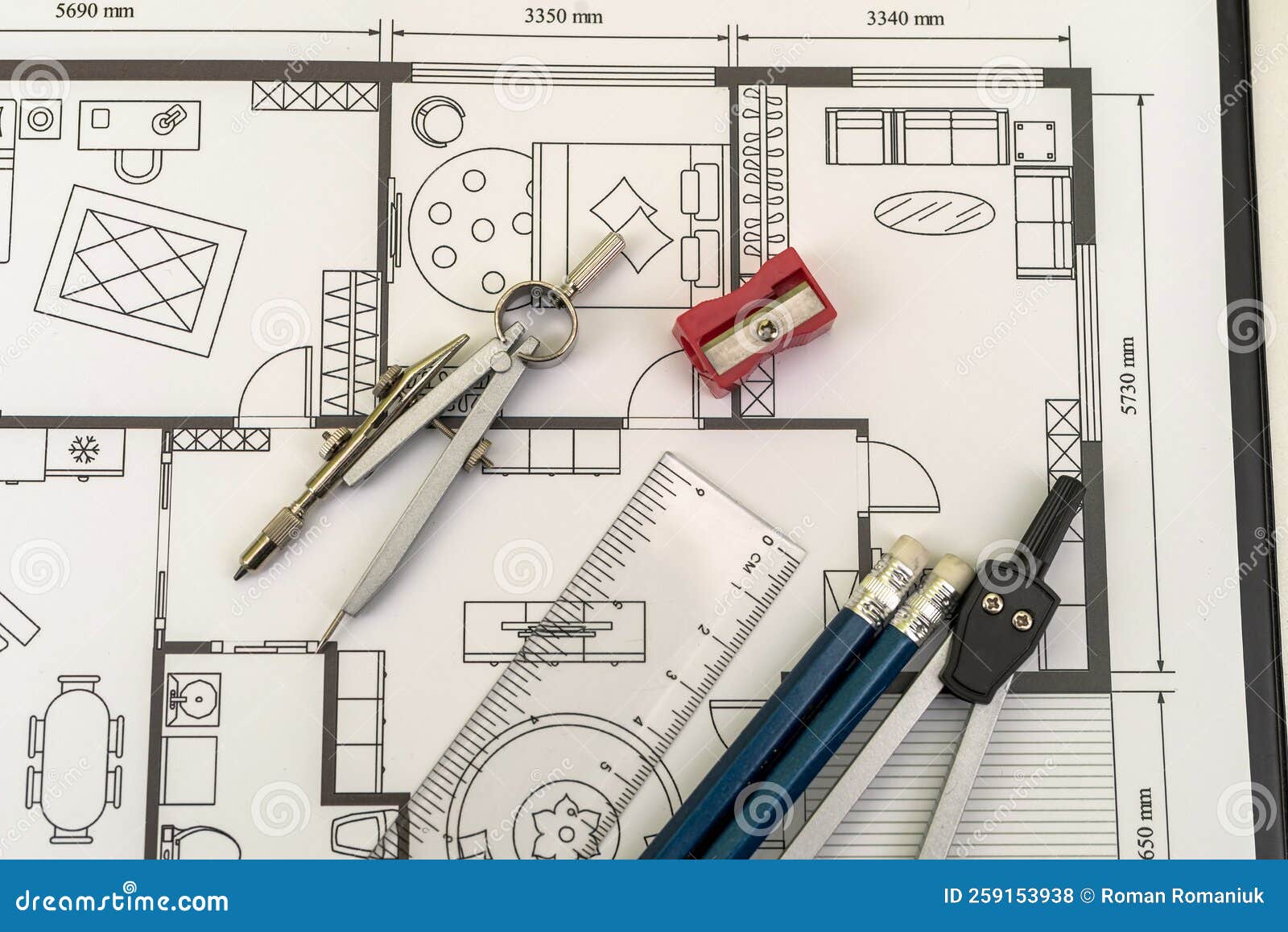 Set Of Tools For Drawing On An Graph Paper. Ruler, Compass, Pencil On ...