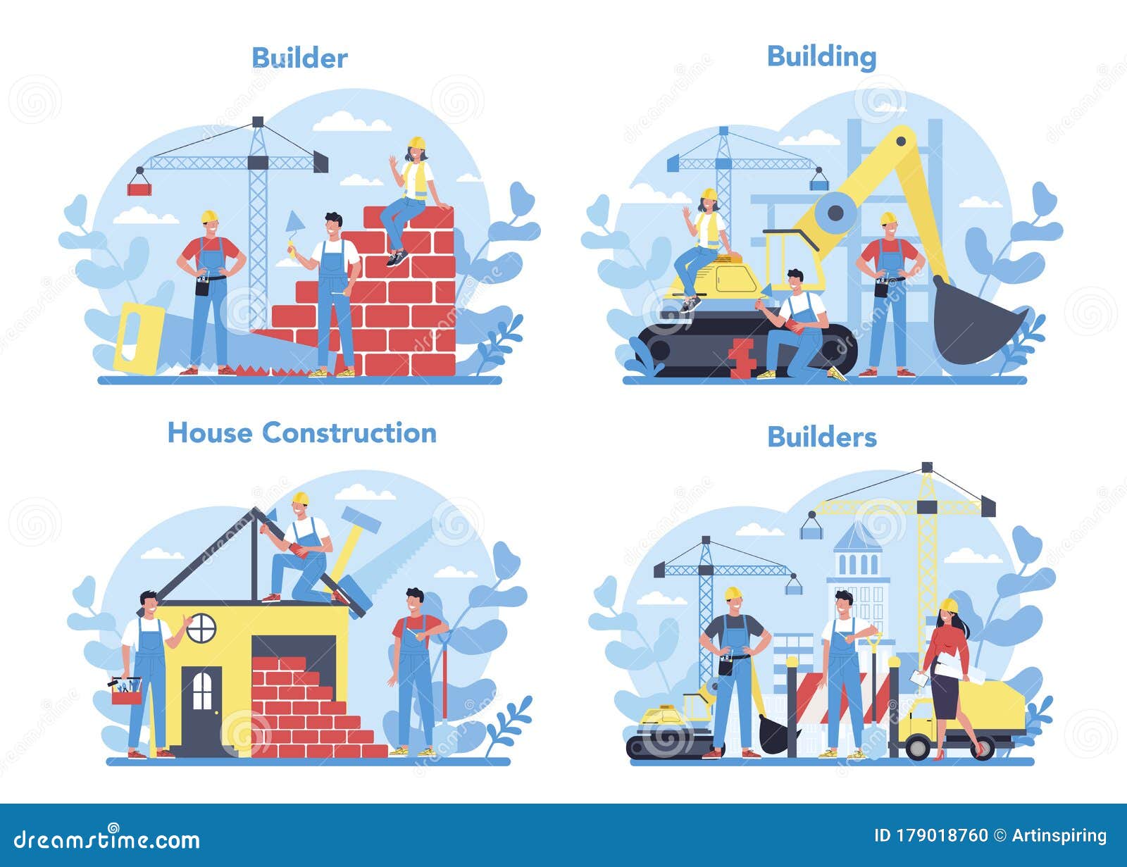 House Building Concept. Workers Constructing Home with Tools Stock ...