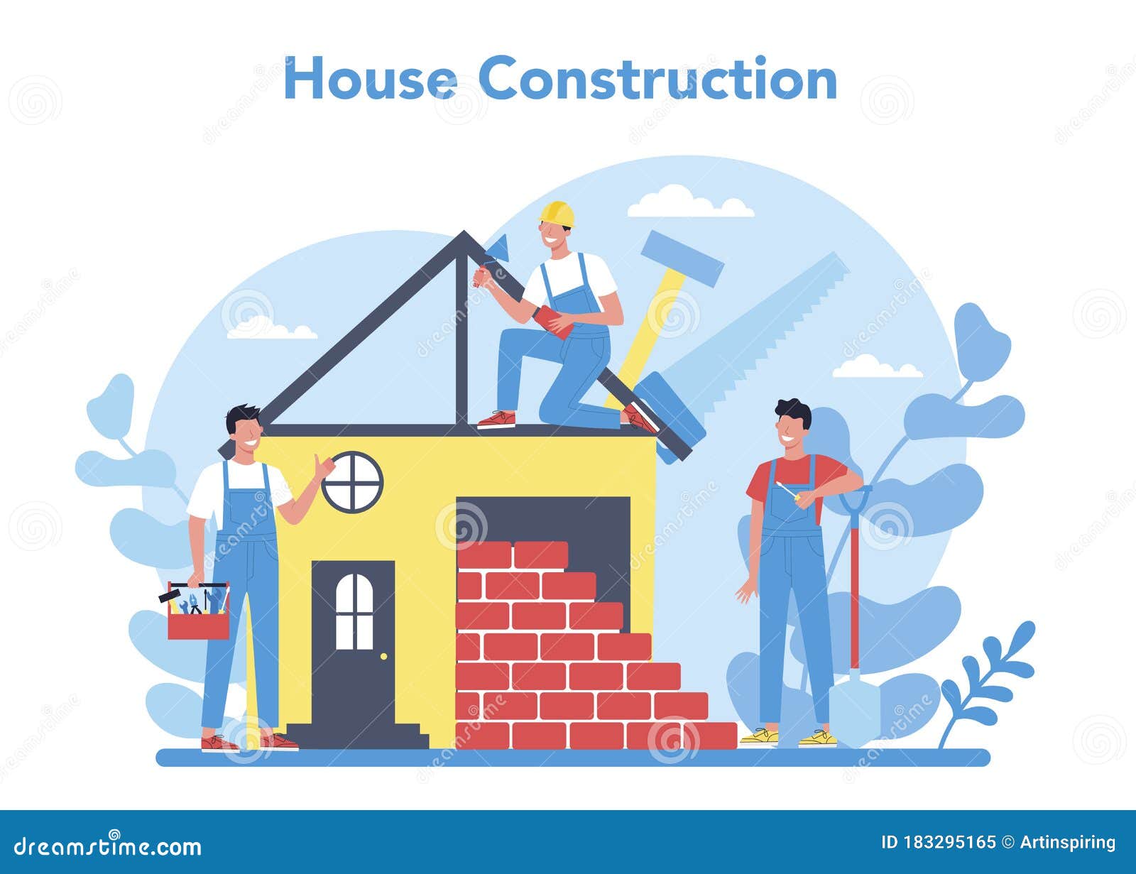 House Building Concept. Workers Constructing Home with Tools Stock ...
