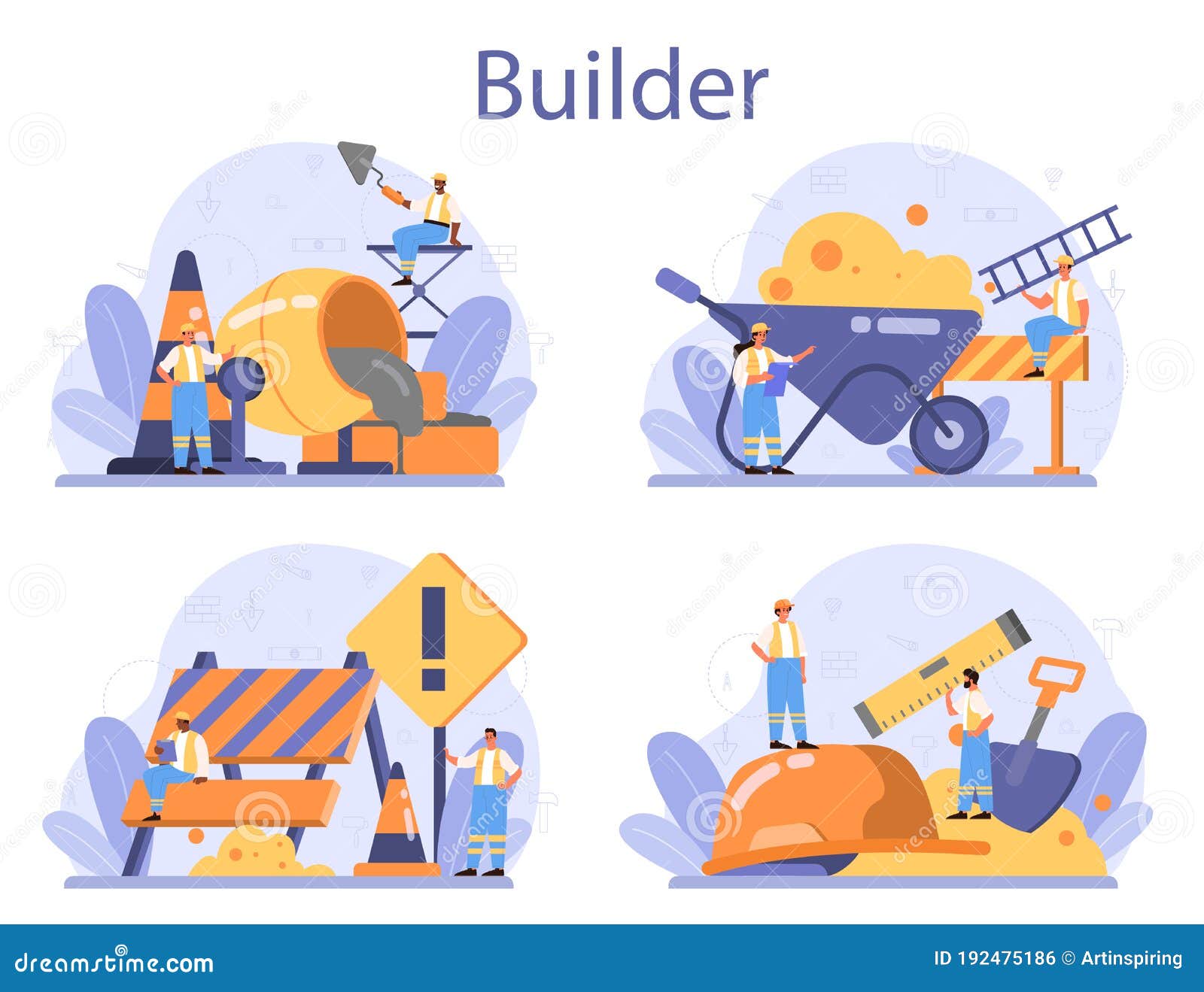 House Building Concept. Workers Constructing Home with Tools Stock ...