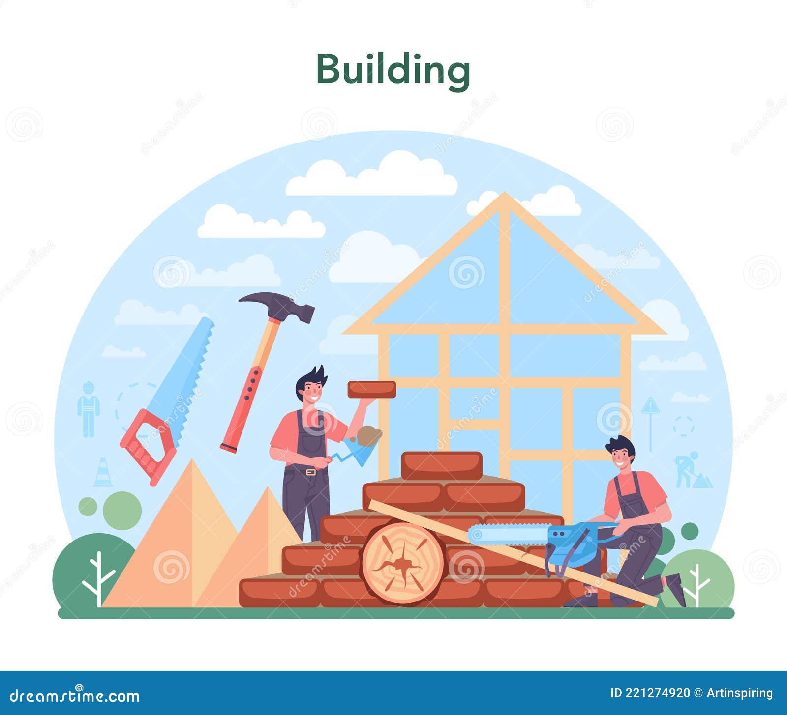 House Building Concept. Workers Constructing Home with Tools Stock ...