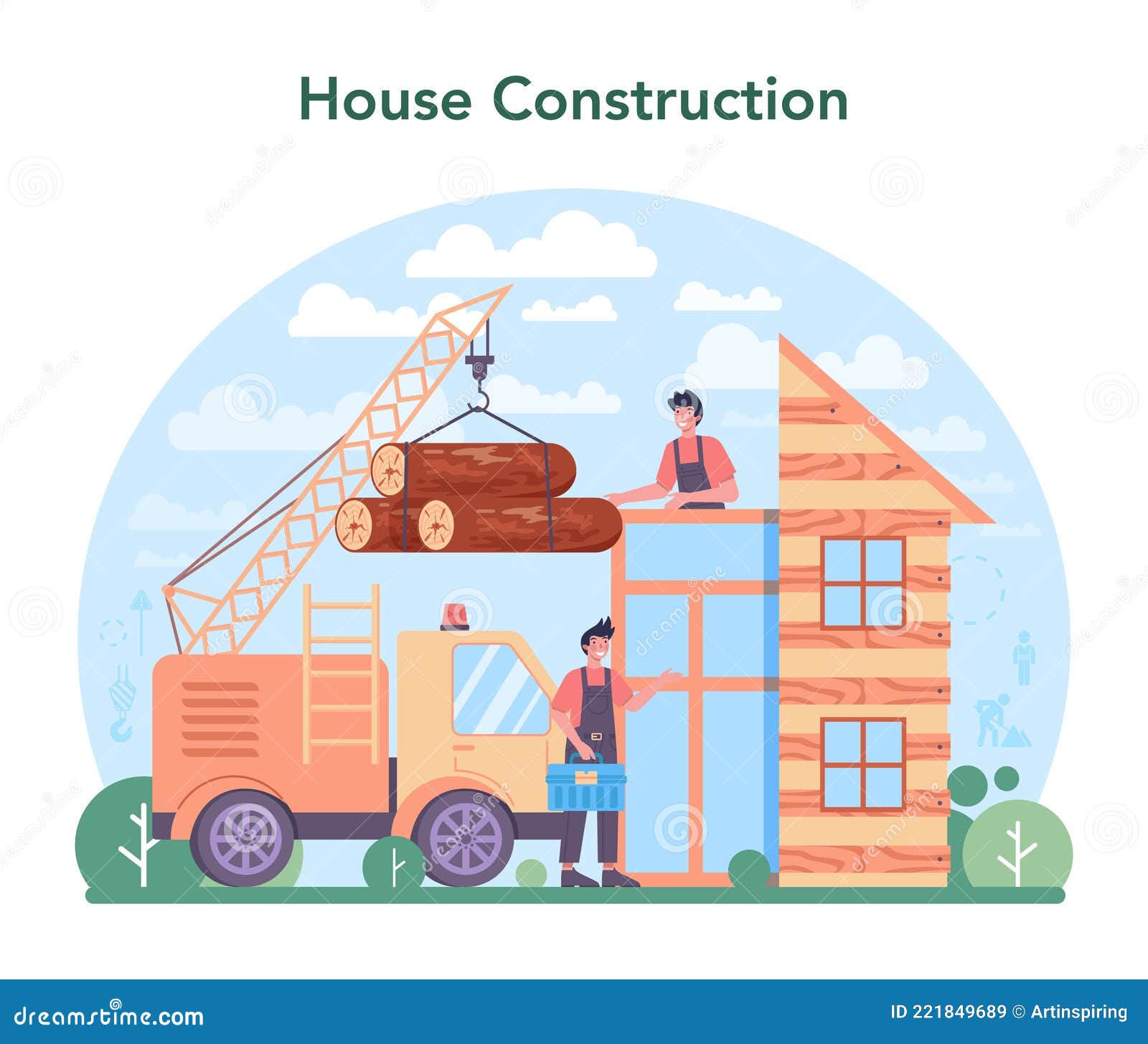 House Building Concept. Workers Constructing Home with Tools Stock ...