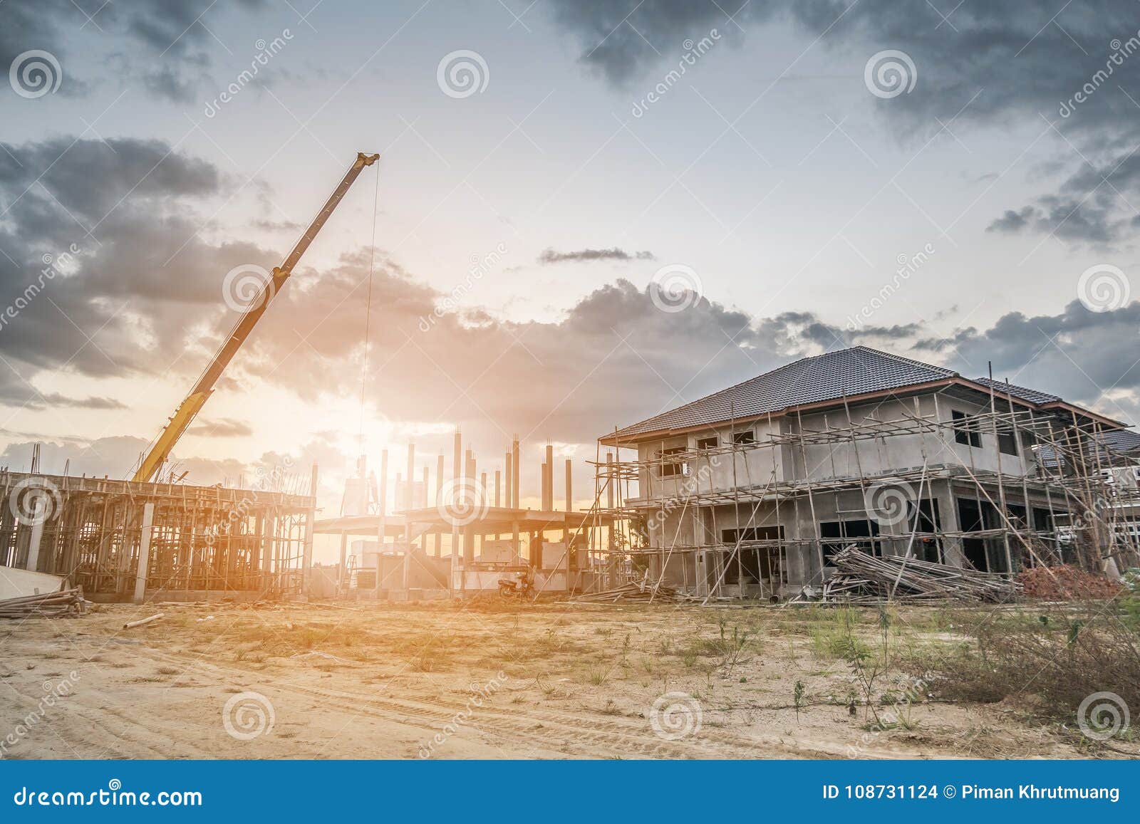 House Building at Construction Site Stock Photo - Image of machine ...