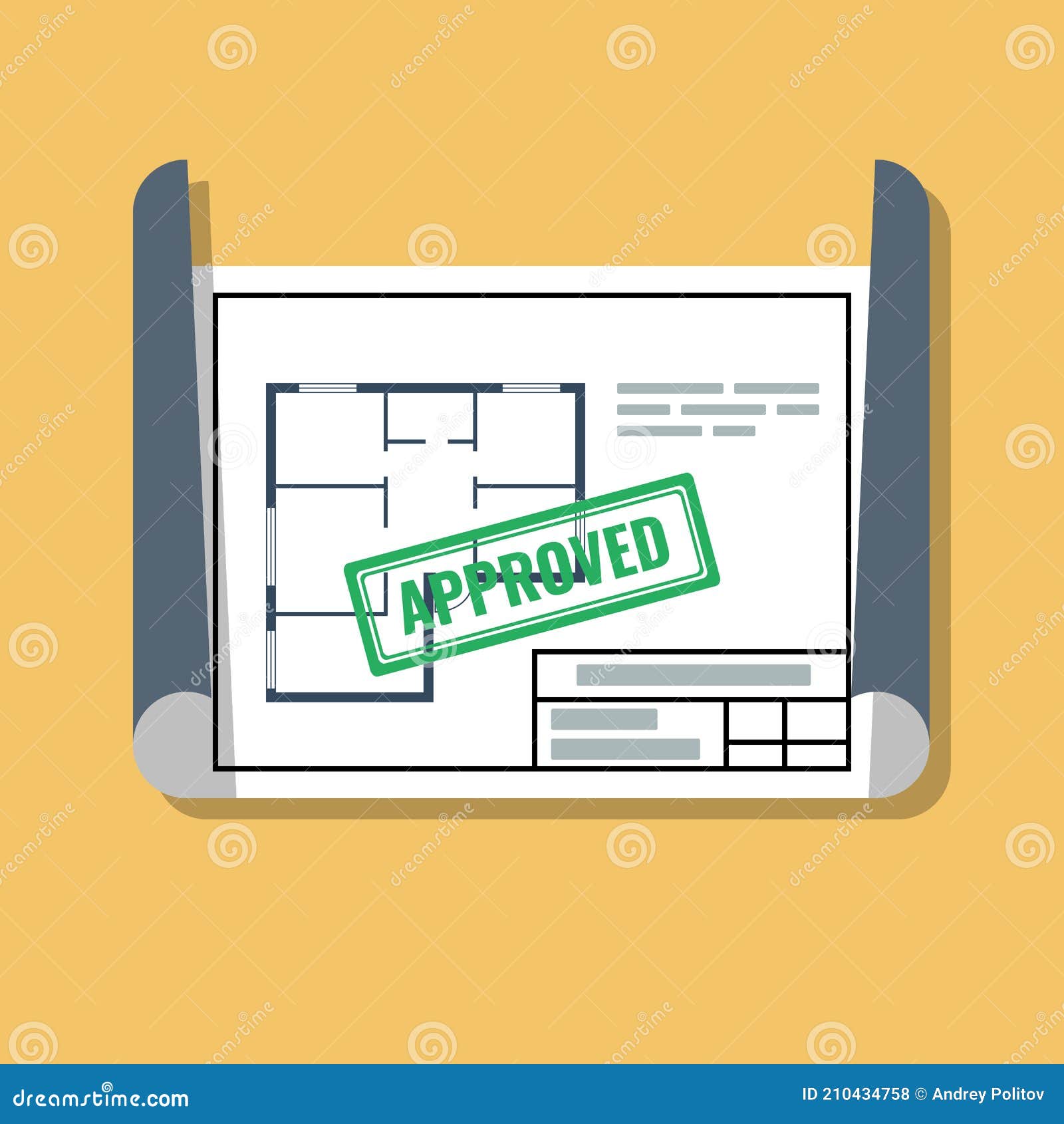 House Building Project with Approval Stamp in Rolled Paper, Flat Vector ...