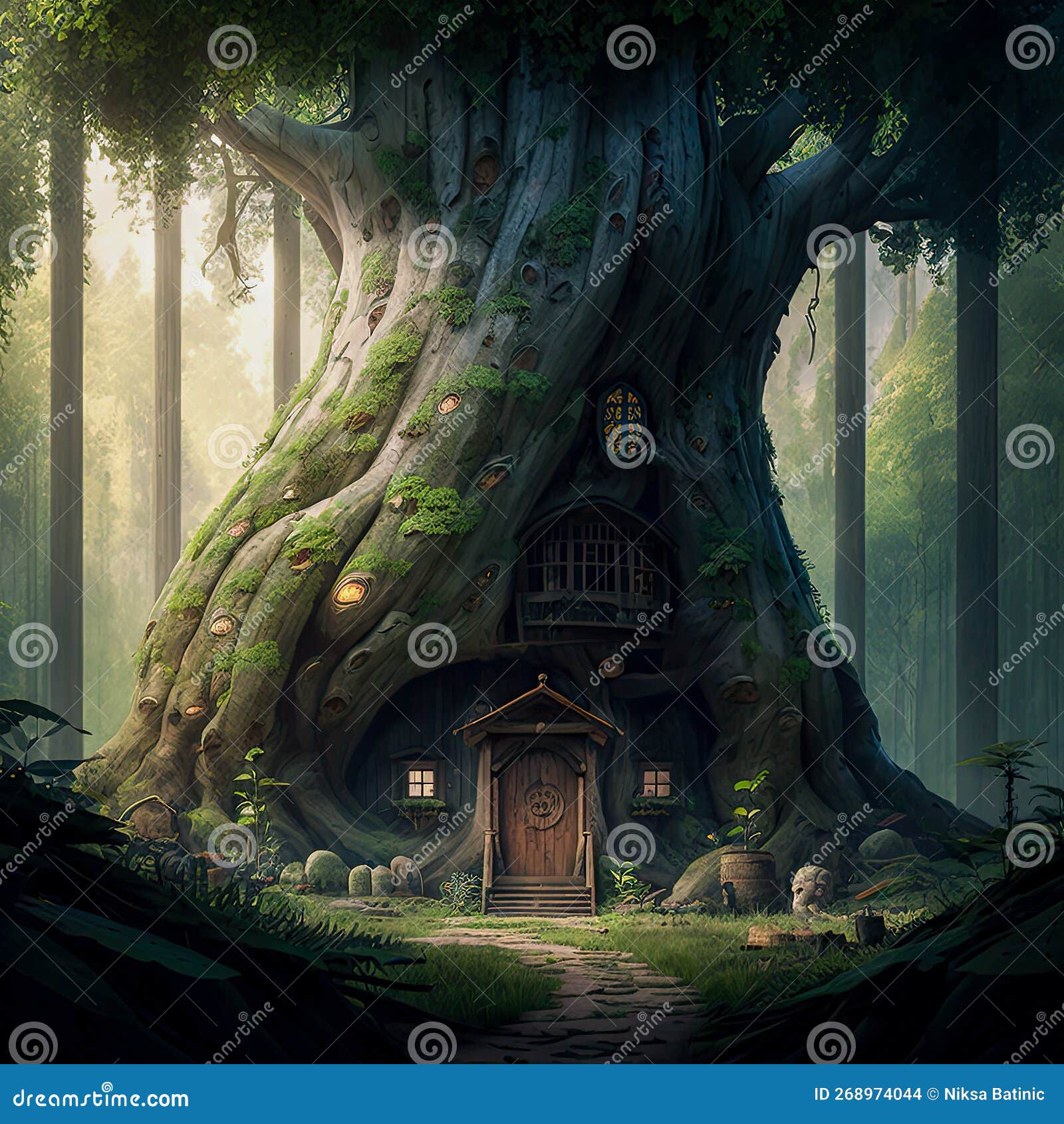 A House Built in a Huge Tree Stock Illustration - Illustration of game ...