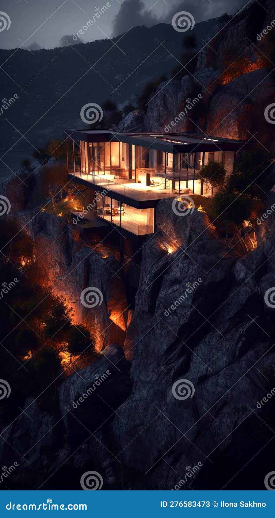House Built in the Rock with Burning Windows at Night Stock ...