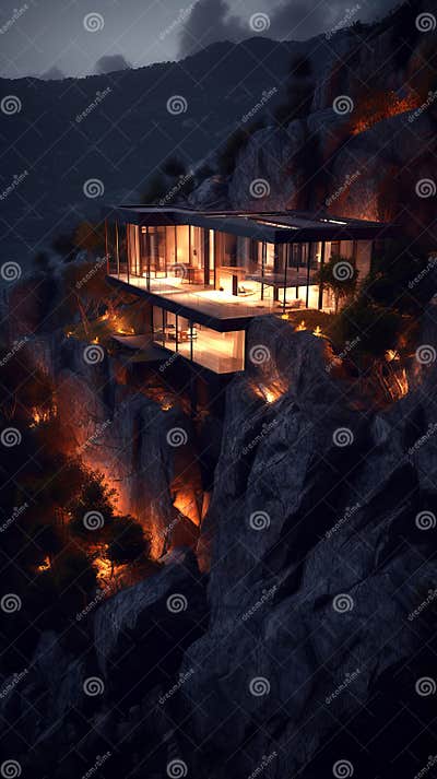 House Built in the Rock with Burning Windows at Night Stock ...